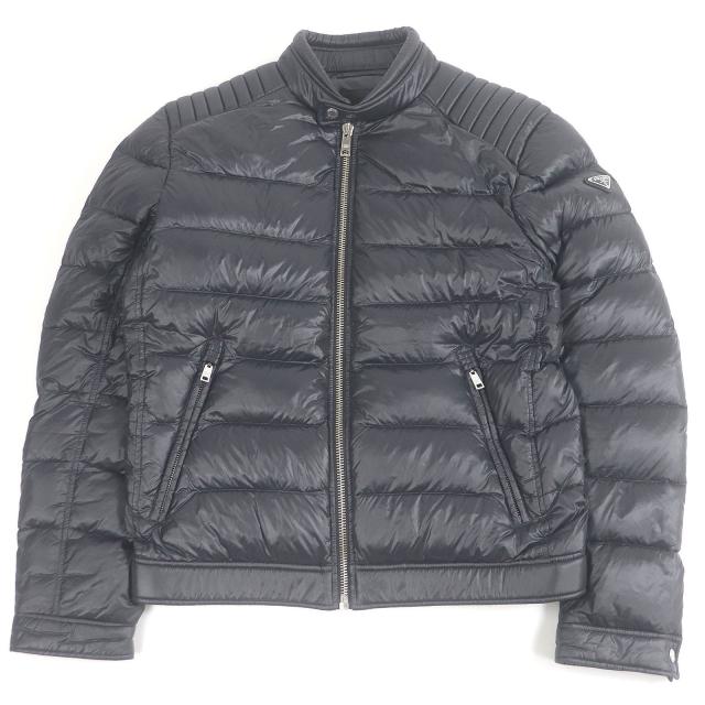 美品□PRADA プラダ SGB608 トライアングルロゴ 三角プレート スタンドカラー ダウンジャケット ブルゾン ブラック 50 正規品 メンズ