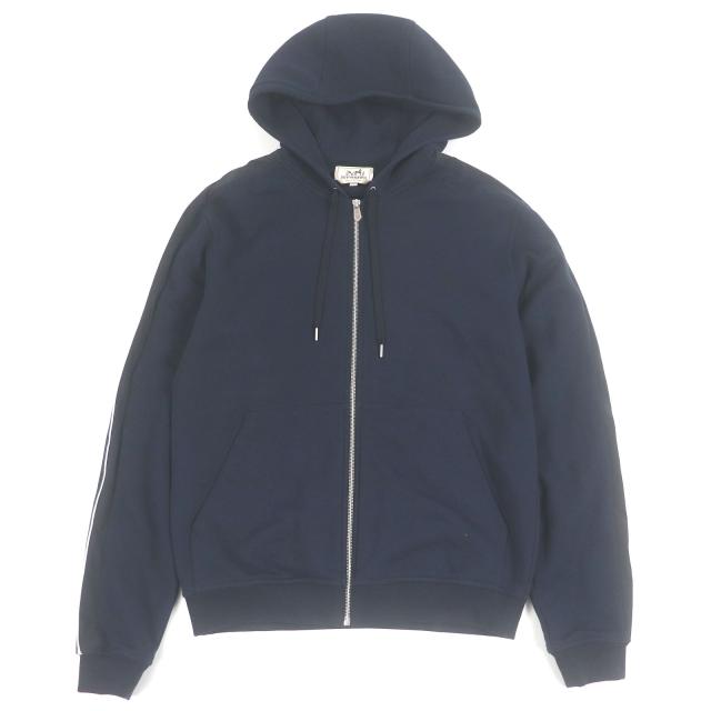 極美品□HERMES エルメス 24SS ランH コットン100％ サイドライン 裏起毛 Hロゴジップ パーカー ネイビー S イタリア製 正規品 メンズ