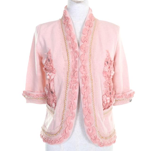 美品△CHANEL シャネル P37887 カシミヤ100％ ライオンココマークパーツ スパンコール装飾 デザイン カーディガン ピンク 36 イタリア製