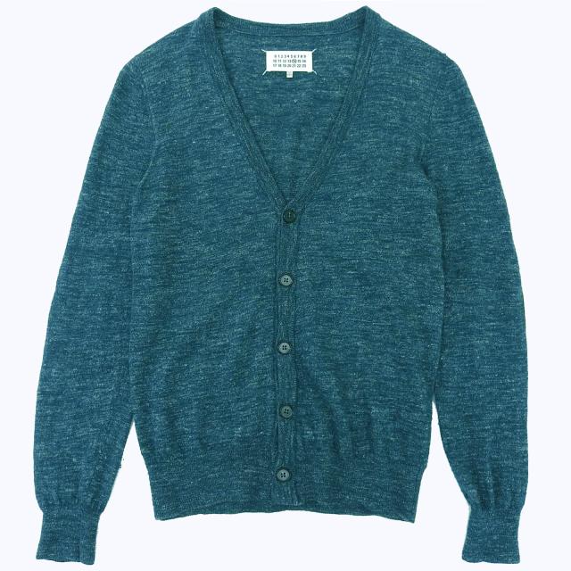 極美品▲Maison Margiela 14 メゾンマルジェラ14 S50HA0524 リネン混 Vネック エルボーパッチ カーディガン グリーン系 S 正規品 メンズ