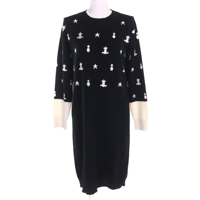 極美△HERMES エルメス 21SS Poste et Cavalerie サーベル飾り袋 カシミヤ100% 長袖 ニットワンピース ブラック オフホワイト 38 正規品