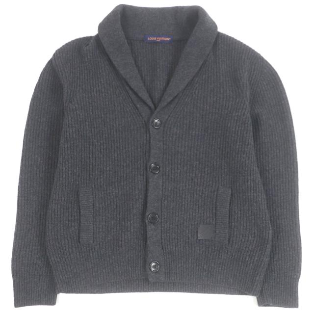 極美品□LOUIS VUITTON ルイヴィトン 25SS カシミヤ混 ショールカラー ロゴレザーパッチ カーディガン グレー L イタリア製 正規品
