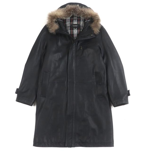 極美品▼バーバリーブラックレーベル ラムレザー フォックスファー・フード付き 裏地チェック柄 中綿入 コート ブラック L 正規品 メンズ