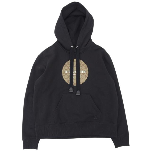 極美品▲COACH コーチ 2020年製 コットン シグネチャーロゴプリント 裏起毛 フーディ パーカー ブラック SMALL 160/88A 正規品 メンズ