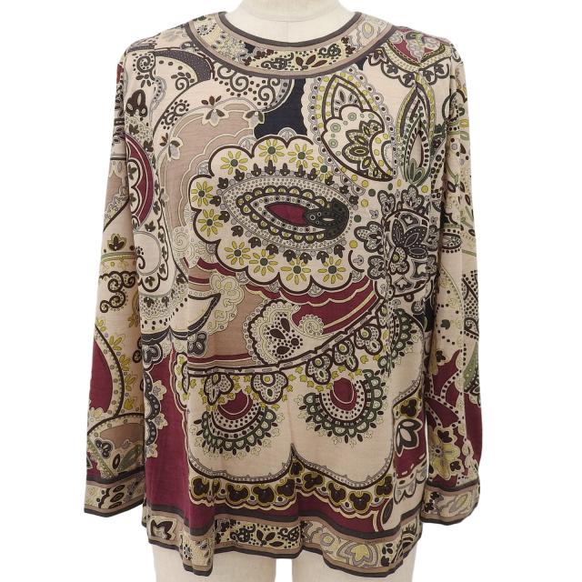 美品▲LEONARD FASHION レオナール ファッション ウール シルク混 ペイズリー 総柄 長袖 カットソー ベージュ マルチ L 日本製 正規品