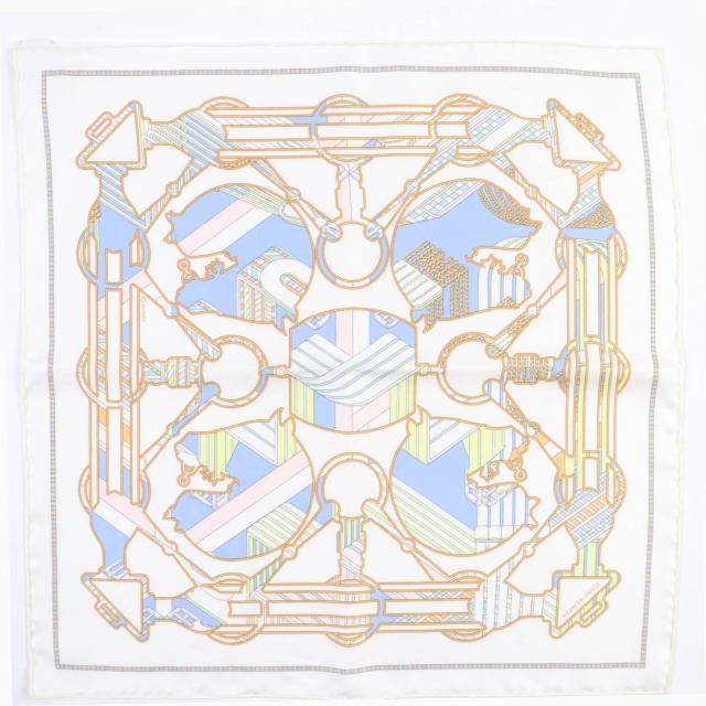 未使用品☆HERMES エルメス カレジェアン45 ガヴロッシュ タッタソール ジグザグ シルク100％ BLANC/BLEU CIEL スカーフ フランス製
