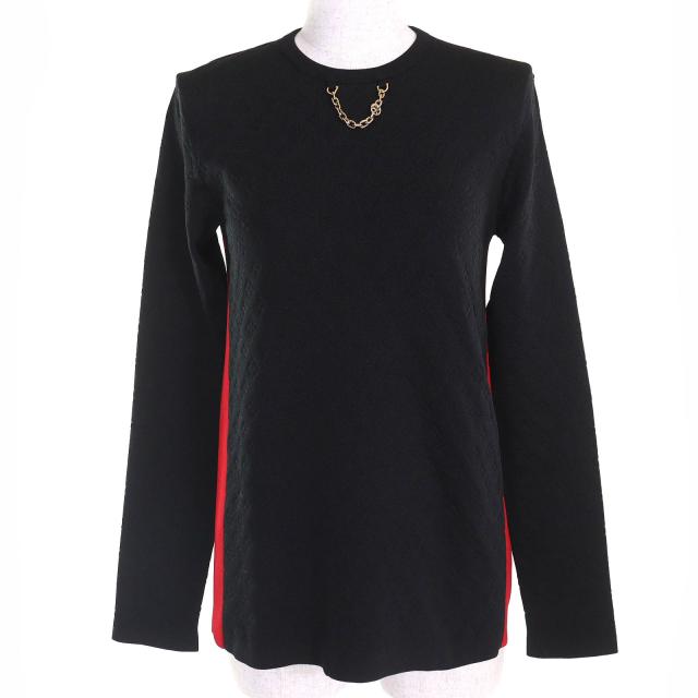 未使用品△LOUIS VUITTON ルイヴィトン 1A9Z3E シルク65％ LVサークルロゴチェーン付き モノグラム 長袖 ニット トップス 黒 赤 S 正規品