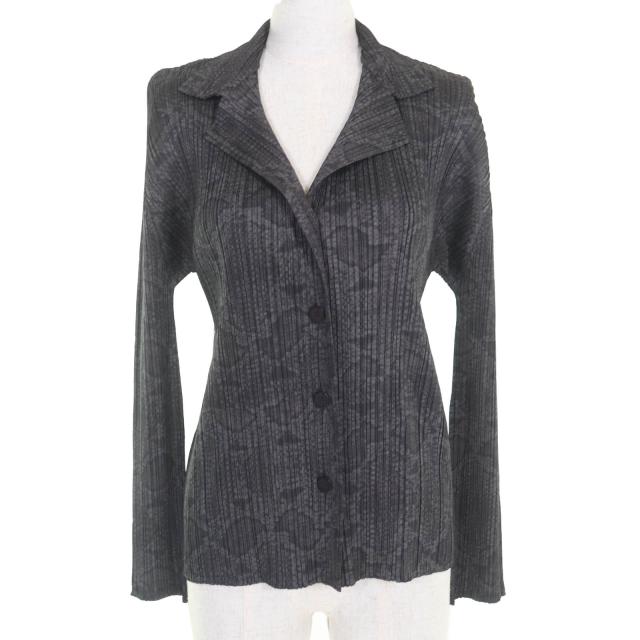 極美品◇PLEATS PLEASE プリーツプリーズ イッセイミヤケ PP33-JD832 パイソン柄 開襟 長袖シャツ グレー 4 日本製 正規品 レディース