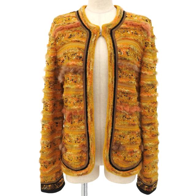 美品▲LEONARD FASHION レオナール ファッション 0347762 ミンク使い 長袖 カーディガン オレンジ L 日本製 正規品 レディース