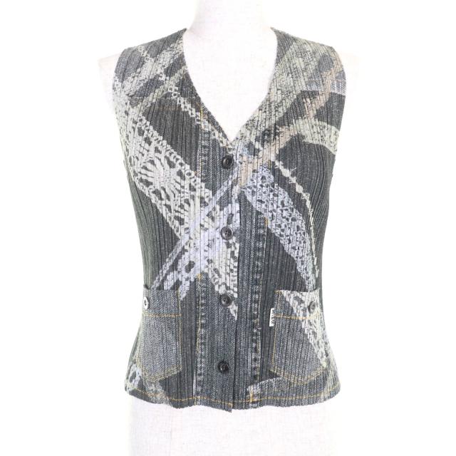 極美品★PLEATS PLEASE プリーツプリーズ イッセイミヤケ PP61-JE602 ロゴボタン付 デニム転写 ベスト グレー 3 日本製 正規品