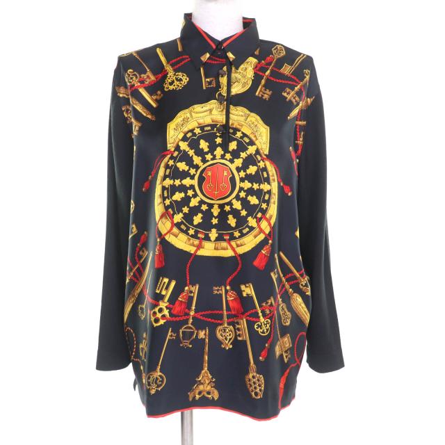 極美品★HERMES エルメス LES CLES THE KEYS RARE シルク カシミヤ混 ツイルレーヌ 長袖ポロシャツ ブラック M 伊製 正規品 レディース