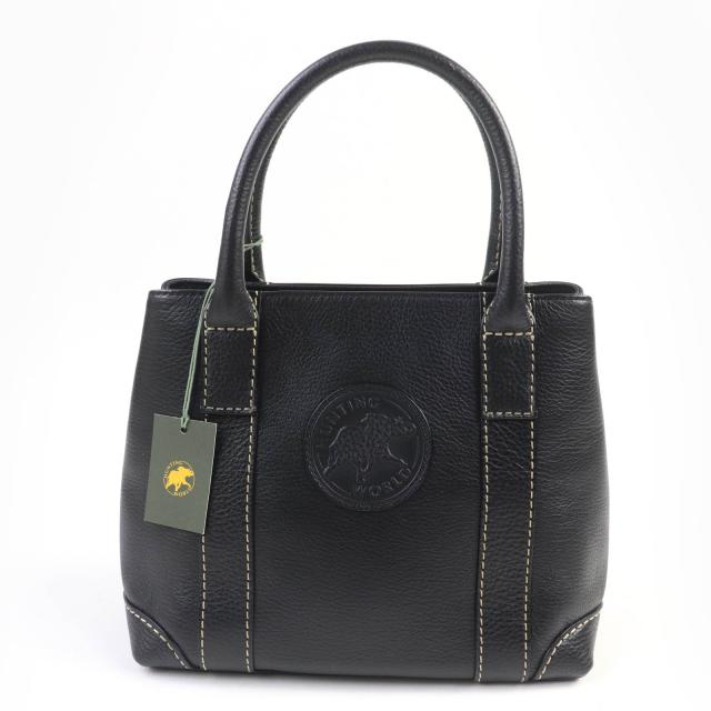 未使用品☆HUNTING WORLD ハンティングワールド TAIMA ロゴ入り ステッチデザイン オールレザー ハンドバッグ ブラック レディース