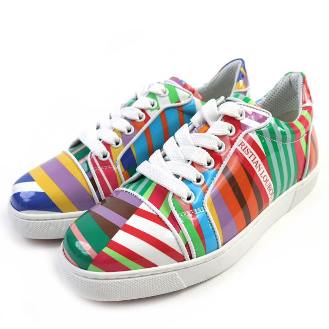 【ドンドン見直し】未使用品△Christian Louboutin クリスチャンルブタン パテントレザー ロゴ マルチストライプ スニーカー 36.5 伊製