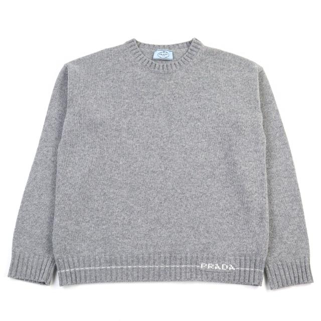 美品○PRADA プラダ 2021年製 P24M2A バージンウール カシミヤ ロゴ刺繍 クルーネック ニット セーター グレー 42 正規品 メンズおすすめ
