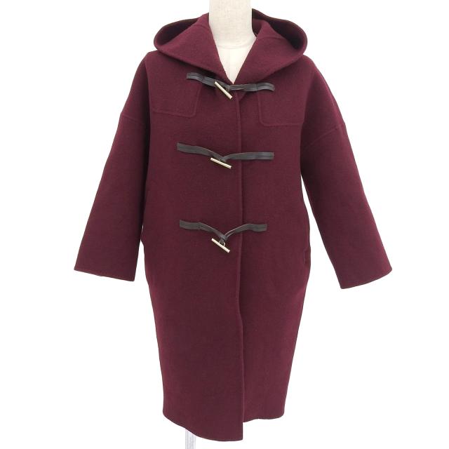 美品▲ebure エブール 3010200119 ウール コットン レザー使い 金具ボタン・フード付 ダッフルコート ワインレッド 38 正規品 レディース