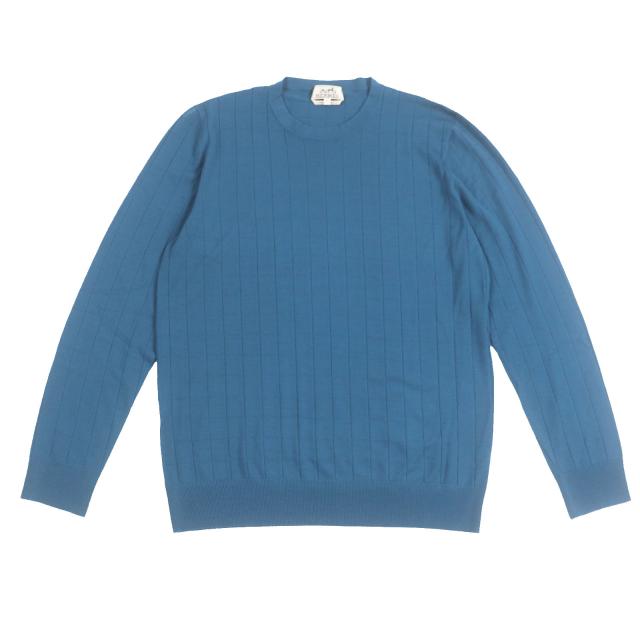 美品▲HERMES エルメス ウール100％ 格子柄 ラウンドネック 長袖 ニット ネイビー L イタリア製 メンズ