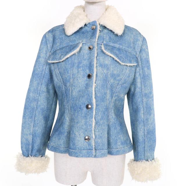 美品☆LOUIS VUITTON ルイヴィトン ロゴボタン デニム転写 ショート丈 ボア ジャケット ブルー系 38 フランス製 正規品 レディース