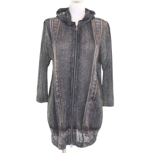 極美品★PLEATS PLEASE プリーツプリーズ イッセイミヤケ PP13-JC531 デニム転写 メッシュ ZIP UP 七分袖 ロングパーカー グレー系 3
