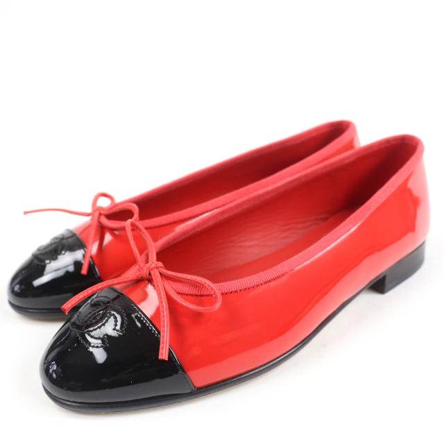 極美品☆CHANEL シャネル G02819 パテントレザー ココマーク バイカラー フラットシューズ バレエシューズ レッド ブラック 36　伊製