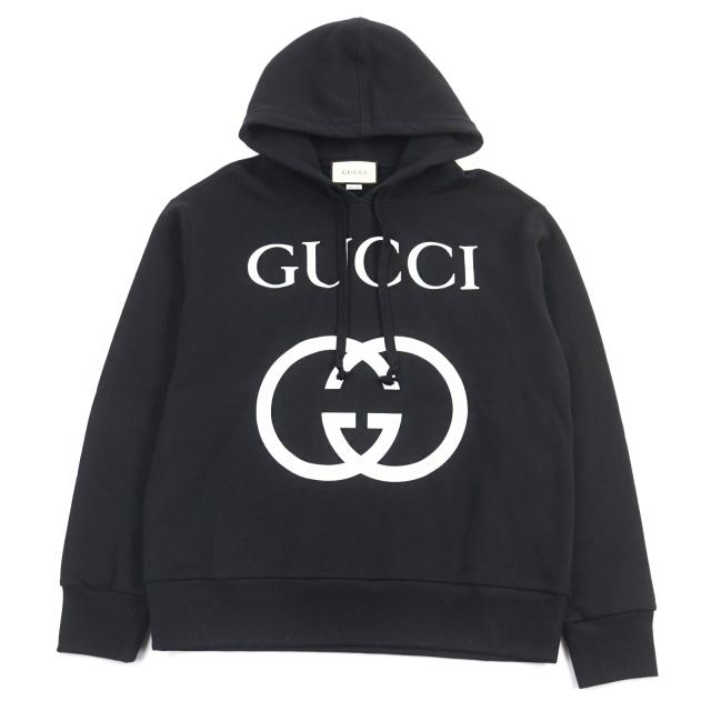 極美品○GUCCI グッチ 475374 コットン100% インターロッキングG ロゴプリント プルオーバー パーカー ブラック系 M 伊製 正規品 メンズ