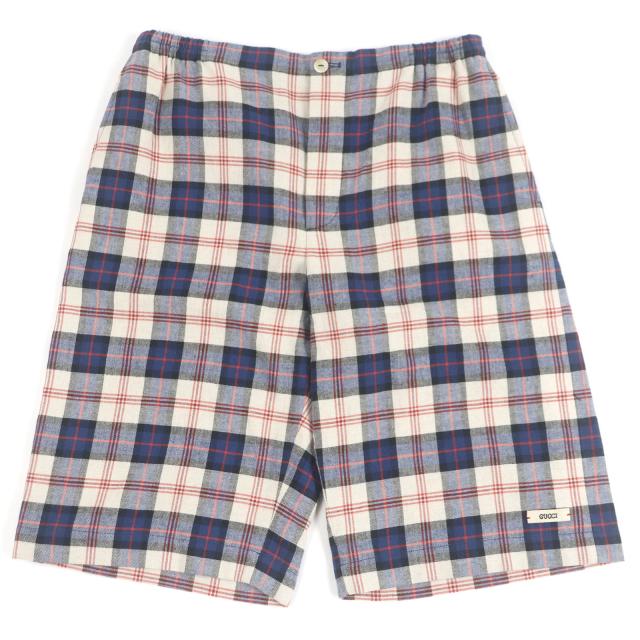 未使用品□GUCCI Disney グッチ ディズニー 644131 リネン混 チェック柄 ドナルドダック 刺繍ショートパンツ ブルー系 44 イタリア製