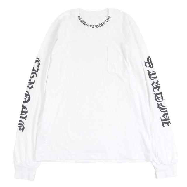 極美品□CHROME HEARTS クロムハーツ コットン100％ ネック/アームロゴプリント 長袖 ロングスリーブＴシャツ M ホワイト USA製　正規品