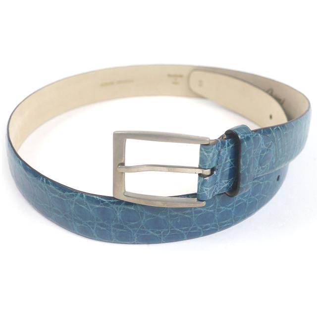 極美品□Brioni ブリオーニ B209/F860 クロコダイル シルバーピンバックル レザーベルト ターコイズブルー 100 イタリア製 メンズ