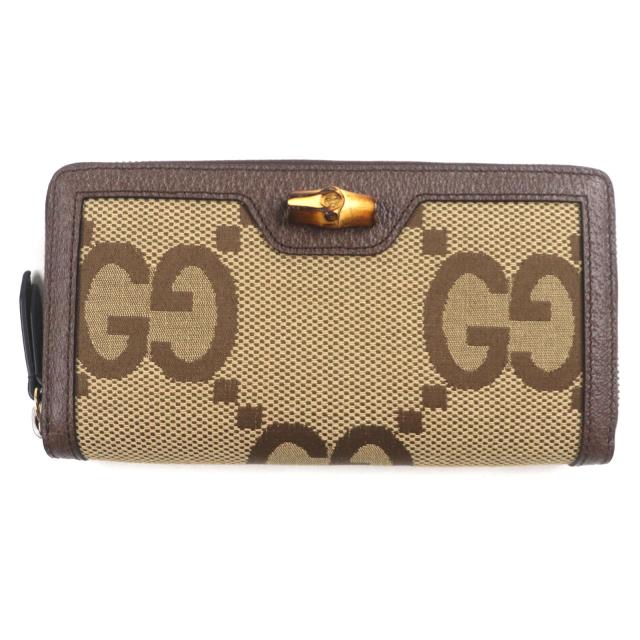 極美品▼GUCCI グッチ 658634 バンブー ジャンボ GG レザー使い ラウンドファスナー ロングウォレット 長財布 ベージュ ブラウン 箱付き