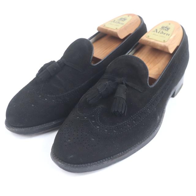 美品□ALDEN オールデン スウェードレザー UNITED ARROWS別注 ウィングチップ メダリオン タッセルローファー ブラック 7.5 USA製 メンズ