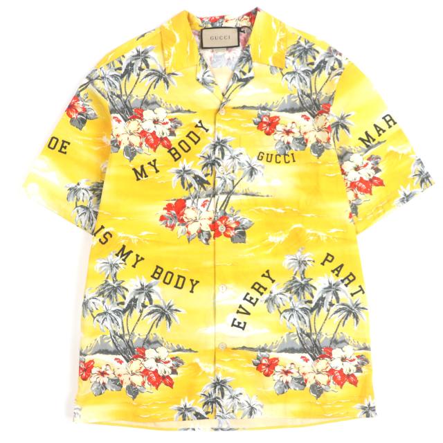 未使用品▼GUCCI グッチ 22AW 694124 コットン ハイビスカス ショートスリーブ 半袖 ボウリングシャツ イエロー 44 伊製 正規品 メンズ