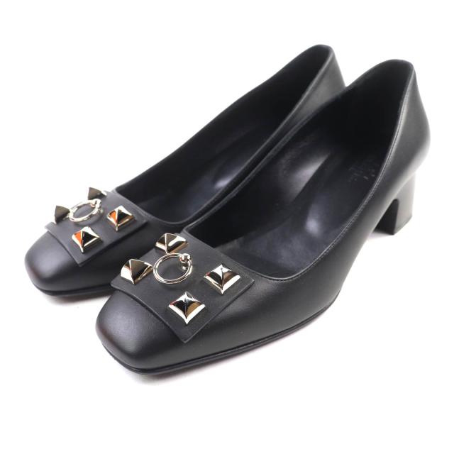 美品★HERMES エルメス シルバー金具 コリエドシアン デリケート スクエアトゥ チャンキーヒール レザー パンプス ブラック 37 箱・袋付