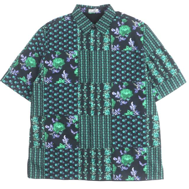 極美品▼DIOR ディオール オム 293C517A5679 フローラルプリント 比翼仕立て 半袖シャツ グリーン ブラック イタリア製 40 正規品 メンズ