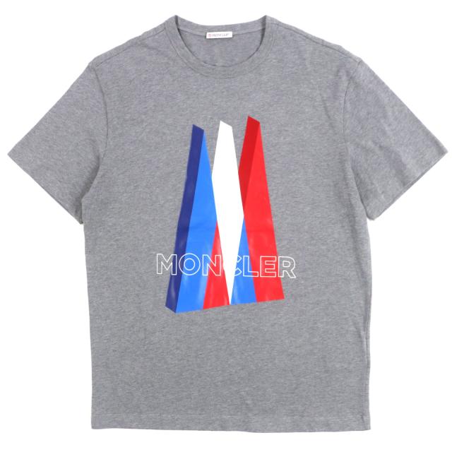 美品▼MONCLER モンクレール 21SS コットン100% ロゴプリント クルーネック ショートスリーブ 半袖Ｔシャツ グレー S 正規品 メンズ