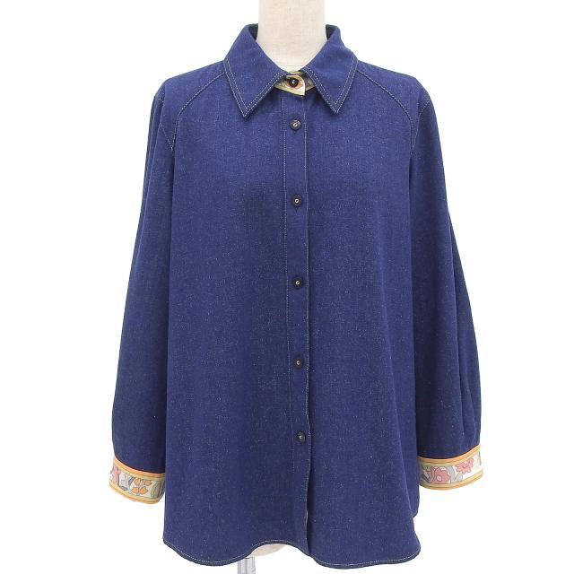 美品▲LEONARD FASHION レオナール ファッション 0265950 シルク100％ 花柄使い 長袖シャツ ブラウス ネイビー 44 日本製 レディース