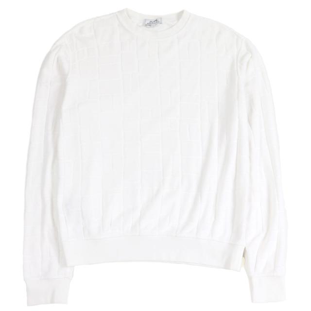 美品□HERMES エルメス 19SS コットン100% スクエア 総柄 パイル地 ロングスリーブ 長袖Ｔシャツ ホワイト L イタリア製 正規品 メンズ