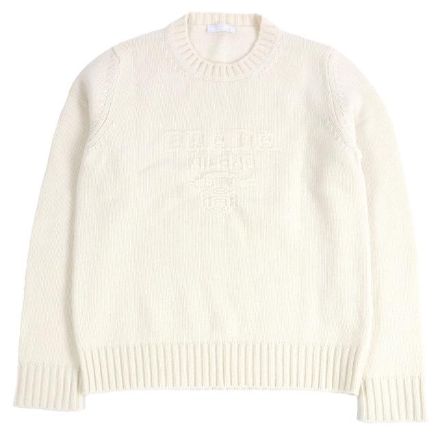 美品□PRADA プラダ 24AW UMB645 バージンウール カシミヤ ロゴエンボス ロングスリーブニット セーター ホワイト 46 イタリア製 正規品