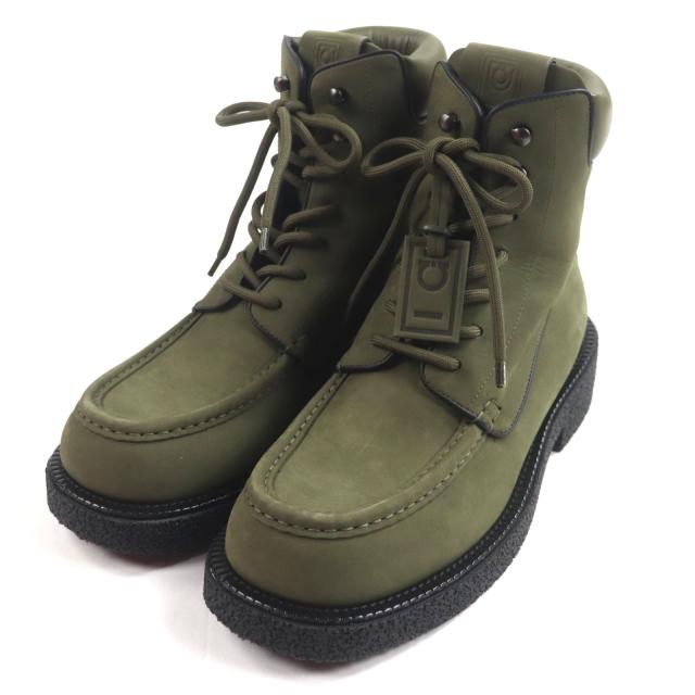 極美品▼FERRAGAMO フェラガモ COLORADO ヌバックカーフレザー レースアップ ショートブーツ オリーブ カーキ 10 箱付 イタリア製 メンズ