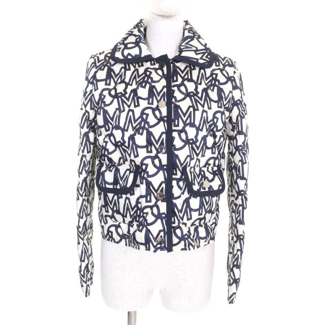 極美品★MONCLER モンクレール AIN ロゴ総柄 ロゴワッペン付 キルティング ダウンジャケット アイボリー ネイビー 0 伊製 レディース