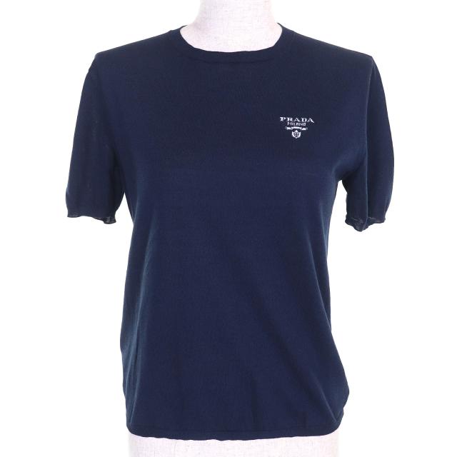 美品△PRADA プラダ 2023年製 P2401L シルク コットン ロゴ クルーネック 半袖ニット セーター 薄手 ネイビー 40 伊製 正規品 レディース