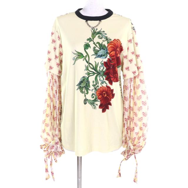 極美品★LOUIS VUITTON ルイヴィトン 2021年製 コットン100％ フローラル シルクスリーブ 切替 カットソー イエロー XS 日本サイズM相当