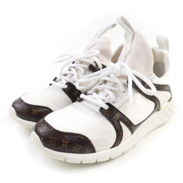 美品★LOUIS VUITTON ルイヴィトン アフターゲームライン モノグラムレザー ファブリック レースアップ スニーカー 白 茶色 35.5 伊製