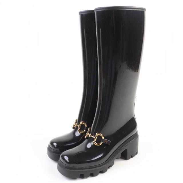 極美品☆GUCCI グッチ 659707 ホースビット ラバー ロングブーツ レインシューズ ブラック ゴールド金具 36 イタリア製 レディース