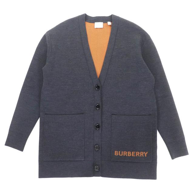 極美品★BURBERRY バーバリー 8034440 ウール混 ティッシ期 ロゴ入り Vネック カーディガン トップス グレー S 正規品 メンズ