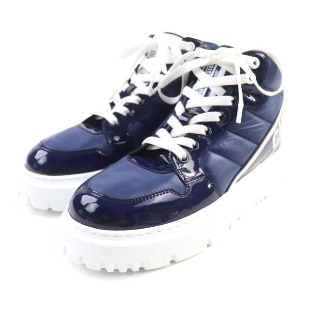 未使用品★Christian Dior クリスチャンディオール D-Player ロゴデザイン レースアップ パテントレザー使い ハイカットスニーカー 紺 35