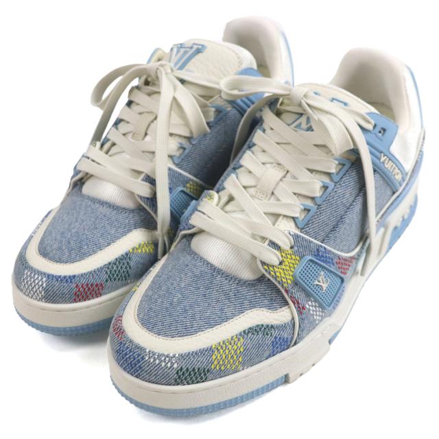 極美品▼ルイヴィトン 2024年製 デニムダミエ LVトレーナー レザー使い スニーカー アイスブルー 6 箱・保存袋付き イタリア製 メンズ