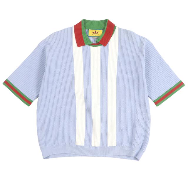 極美品□GUCCI adidas グッチ アディダス 700482 ウェブライン スリーストライプス 半袖 ニットポロシャツ ライトブルー S 伊製 正規品