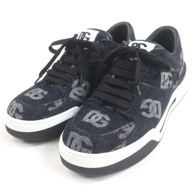 極美品□DOLCE&GABBANA ドルチェ＆ガッバーナ 黒タグ DGロゴ 総柄 デニム ローカットスニーカー インディゴブルー 9 イタリア製 メンズ