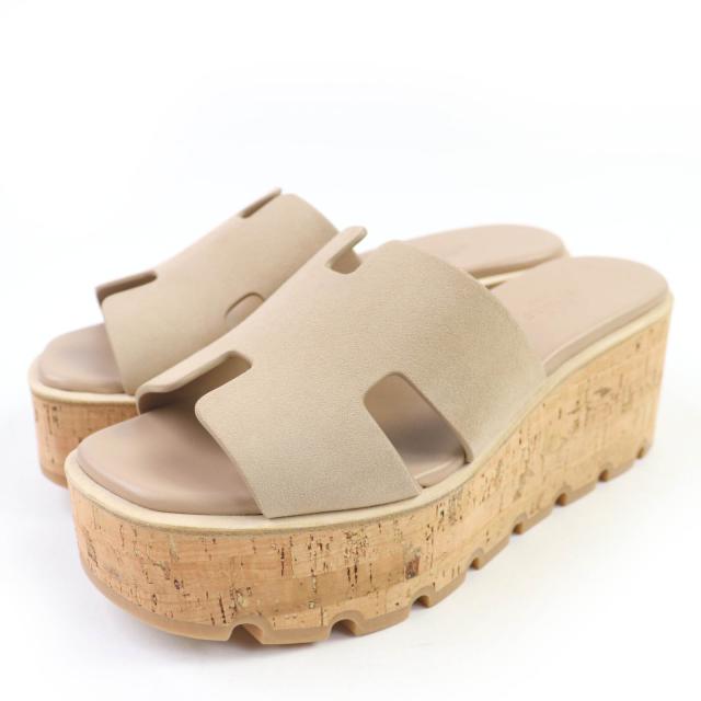 未使用品☆HERMES エルメス サンダル エズ 30 スウェードレザー Hデザイン ウェッジソール ベージュ 37 箱・保存袋付き レディース