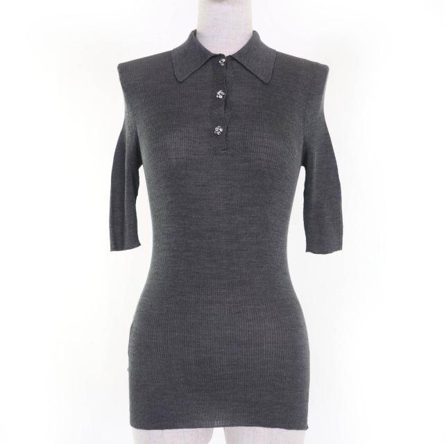 極美品☆PRADA プラダ 2021年製 P24I1L シルク100％ ラインストーン ニット 半袖 ポロシャツ トップス グレー 38 伊製 正規品 レディース