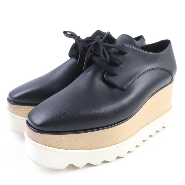 美品☆Stella McCartney ステラマッカートニー 363997 ELYSE エリス プラットフォーム ウエッジソール レザーシューズ ブラック 38
